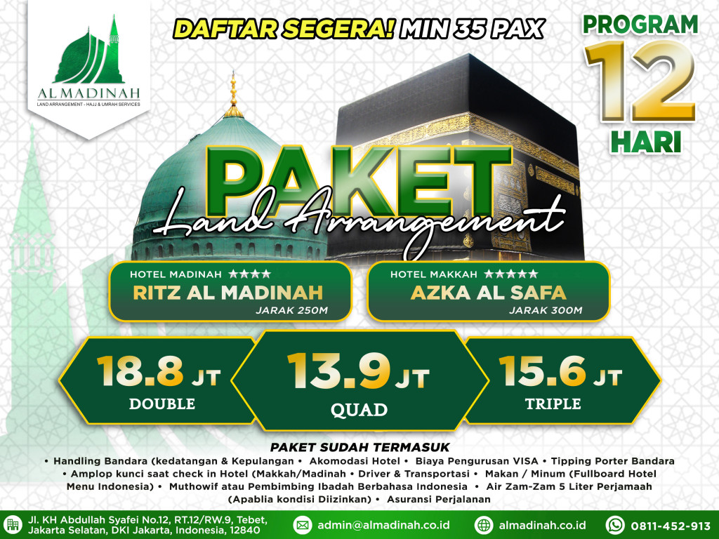 Paket LA Program 12D - Al Ritz Al Madina [5N] & Azka Al Safa [5N] 35 Pax